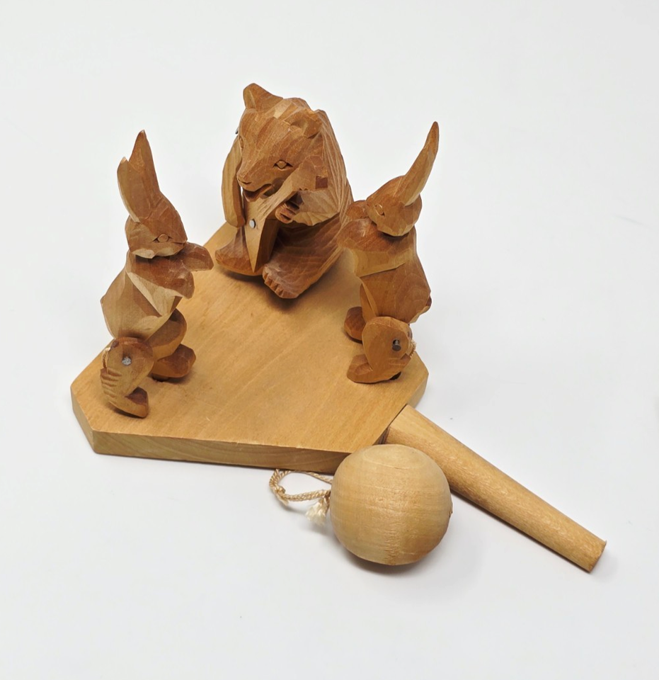 Russian Hand Carved Wood Animal Band Folk Art Toy Bear & Bunny Rabbits ...