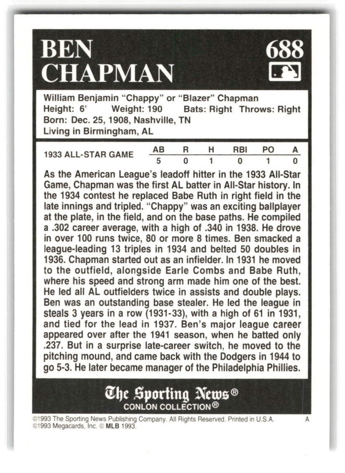 Ben Chapman 1993 Conlon Collection TSN Baseball #688 New York Yankees ...