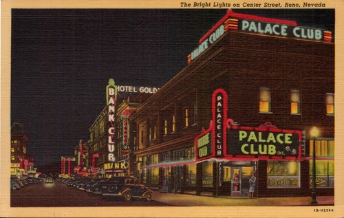 Postcard Reno Nevada Palace CLub old cars Bank Club Hotel at night ...
