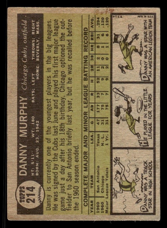 1961 TOPPS DANNY MURPHY 214 POOR RC BASEBALL CHICAGO CUBS | eBay