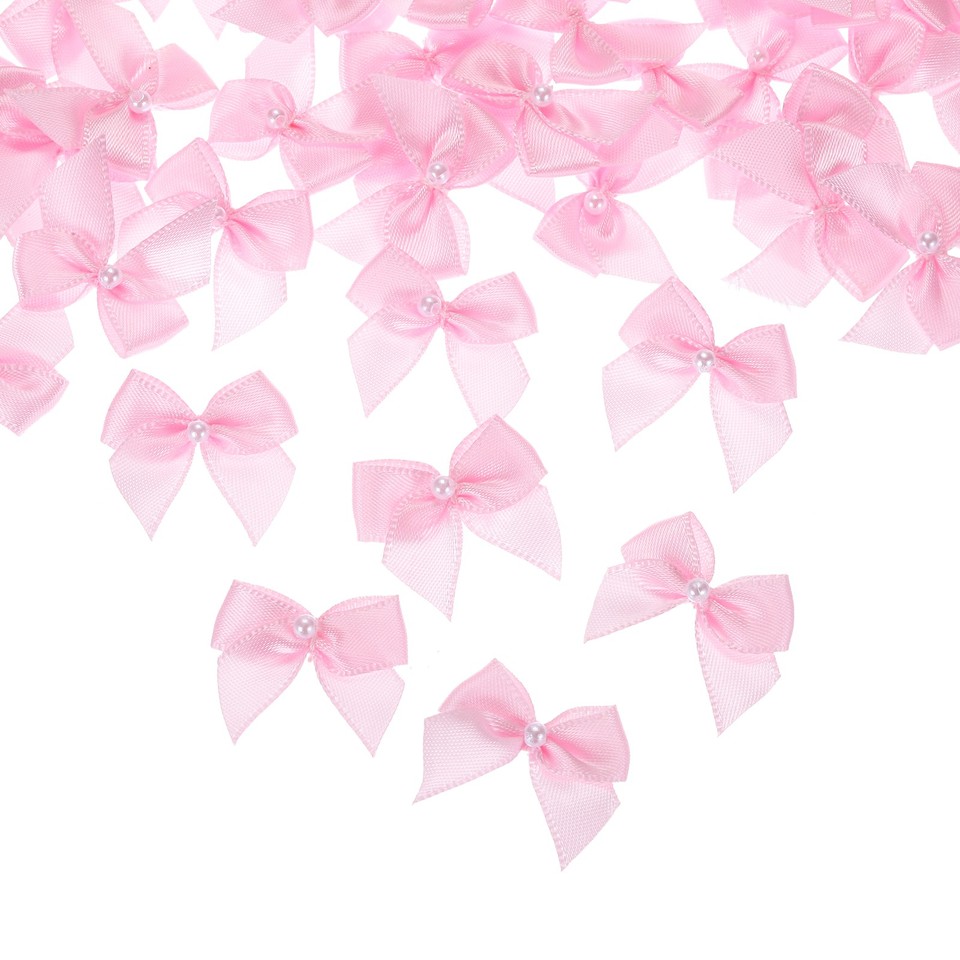 60Pcs Mini Light Pink Ribbon Bow with Pearl 1" Ribbon Flowers Applique ...