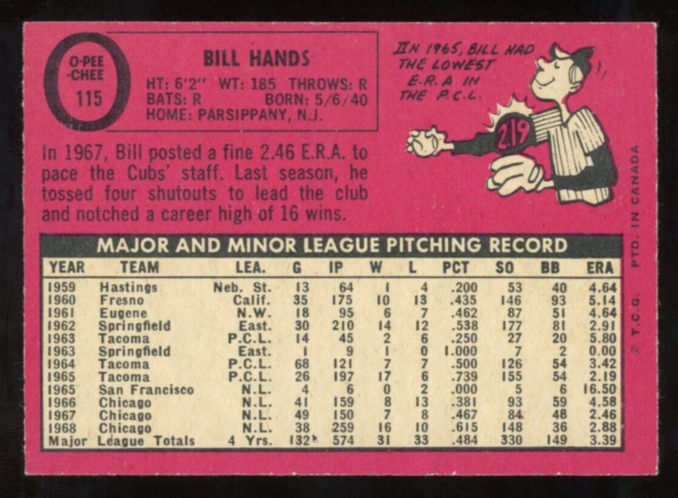 1969 TOPPS OPC O PEE CHEE MLB BASEBALL #115 BILL HANDS CHICAGO CUBS NM ...