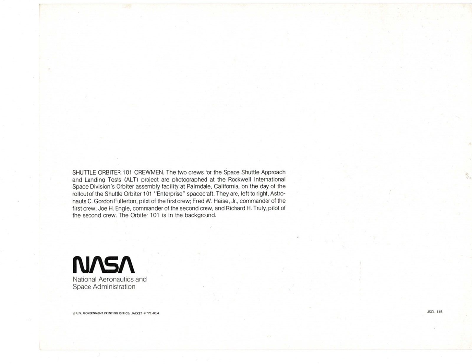 NASA Official Photograph Enterprise Shuttle ALT Crew Haise Engle ...