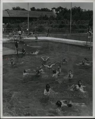 1954 Press Photo Boys splashed at swimming session at summer camp at ...