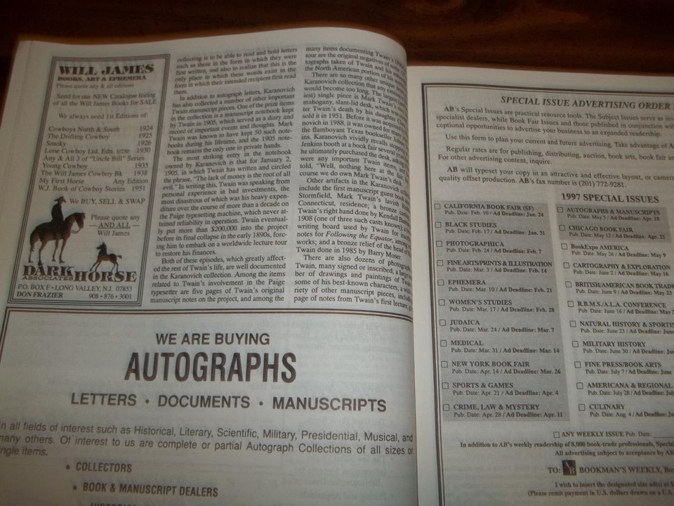 MARK TWAIN COLLECTOR NICK KARANOVICH, MANUSCRIPTS, AB BOOKMAN'S WEEKLY ...