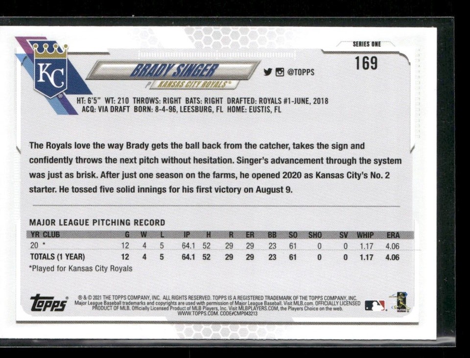 2021 Topps #169 Brady Singer Blue Kansas City Royals | eBay