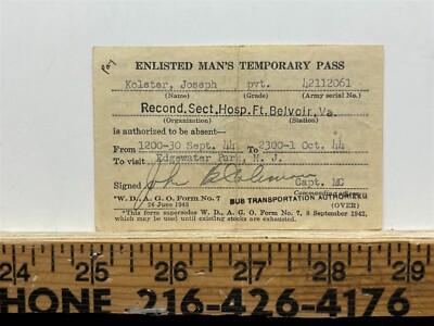 1944 Ft. Belvoir Virginia Enlisted Man Temporary Pass Edgewater Park NJ ...