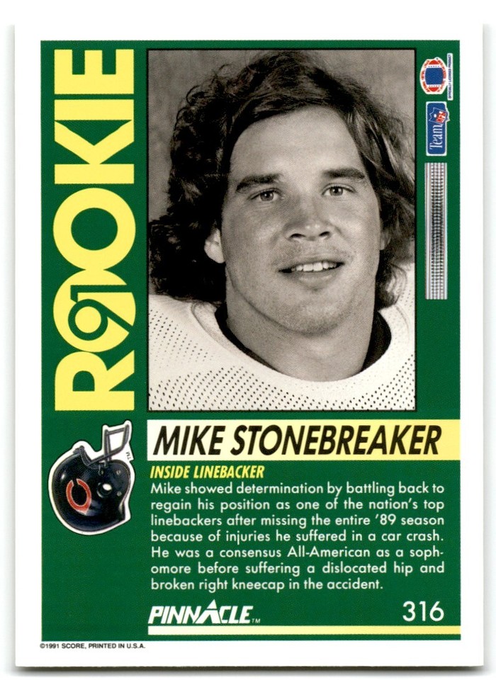 1991 Pinnacle Mike Stonebreaker Rookie Chicago Bears #316 | eBay