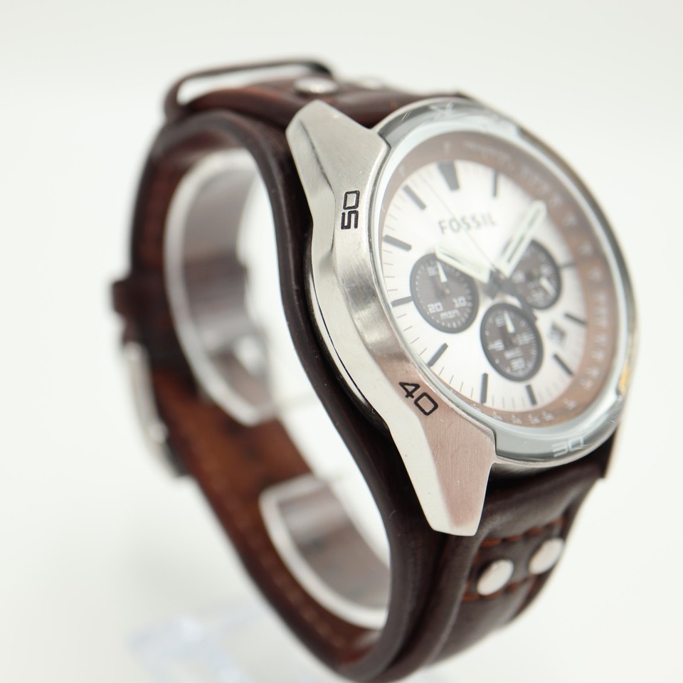 Fossil Coachman Mens Brown 44mm Watch Wood Grain Subs Leather Cuff w ...