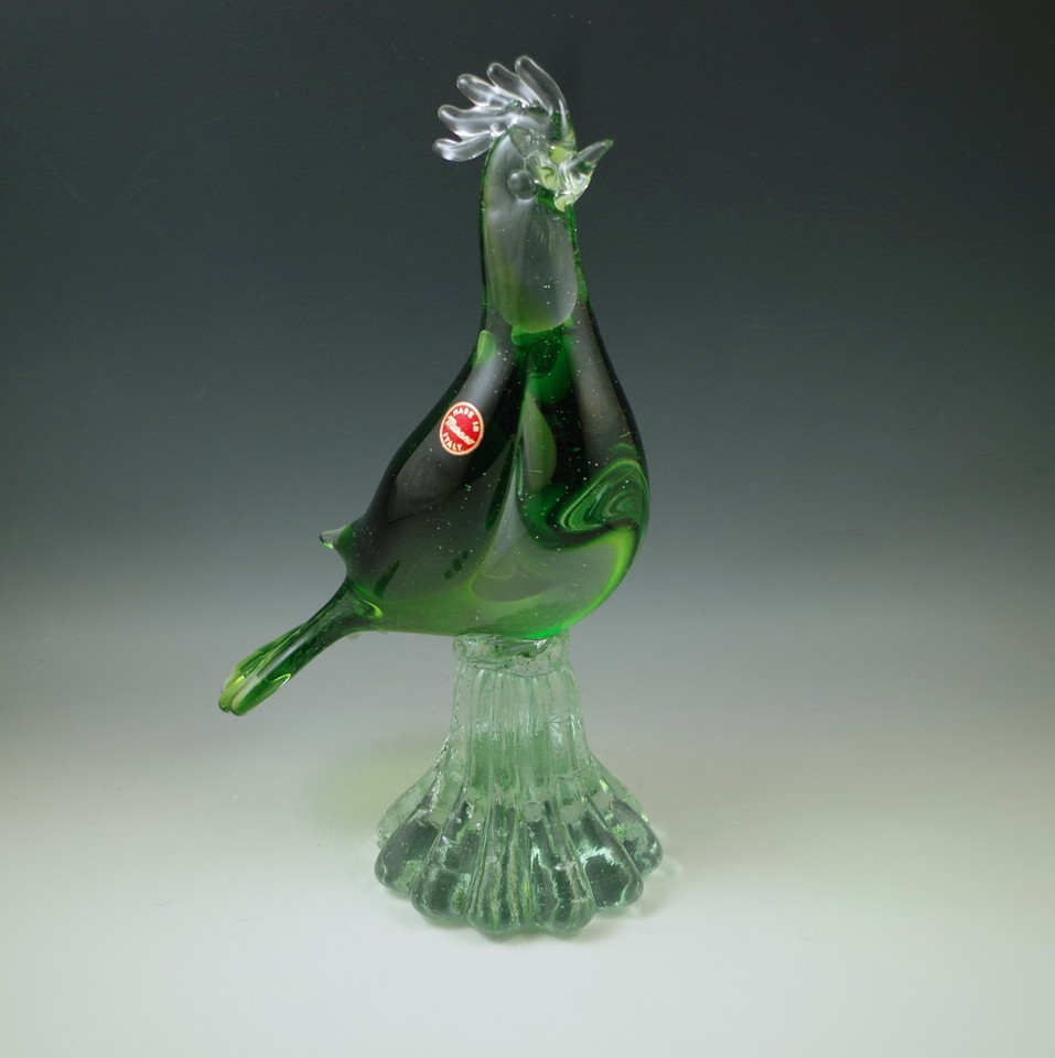 1960's MURANO GLASS seguso ROOSTER FIGURINE SOMMERSO GREEN 11" ORIG ...