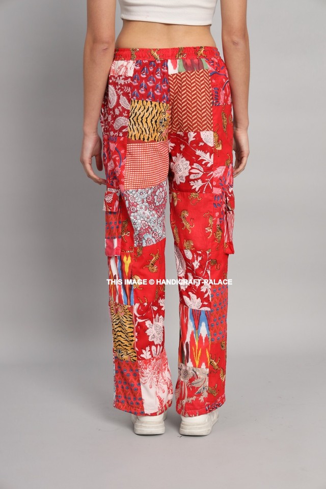 Women Boho Baggy Harem Pants Hippie Wide Leg Gypsy Red Patchwork Casual ...