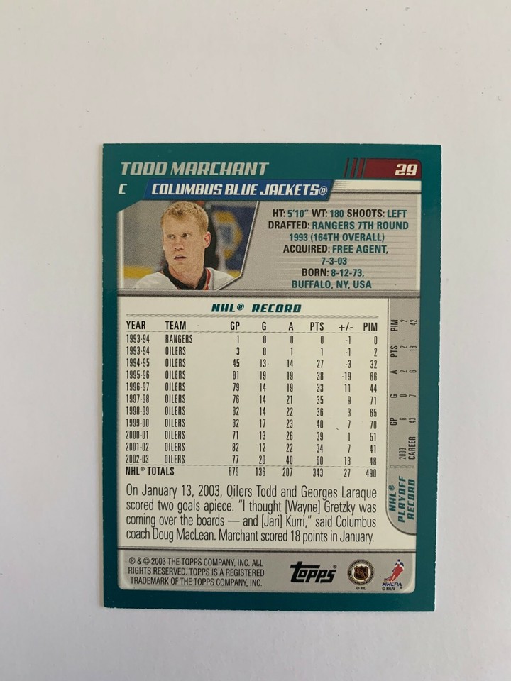 2003-04 Topps Blue #29 Todd Marchant 294/500 - Edmonton Oilers | eBay