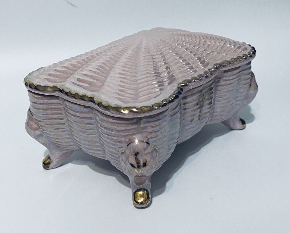 Ucagco Pink Covered Trinket Box w Gold accents Made in Japan Footed | eBay