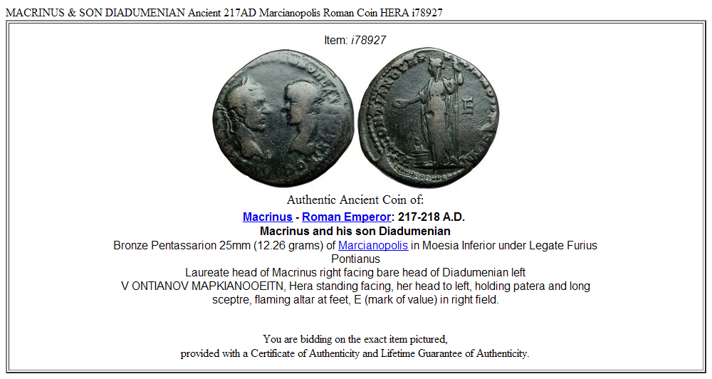MACRINUS & SON DIADUMENIAN Ancient 217AD Marcianopolis Roman Coin HERA ...