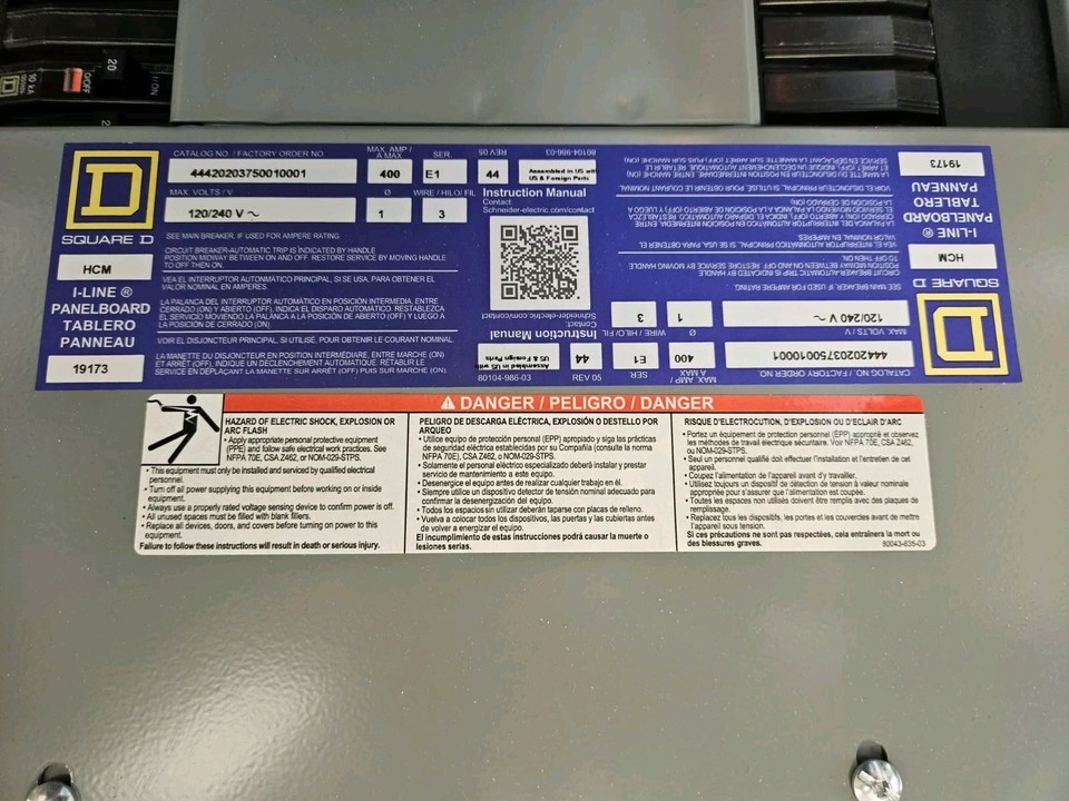Square D I-Line Panelboard 400A MAIN BREAKER 120/240V 3P/3W DELTA HIGH ...