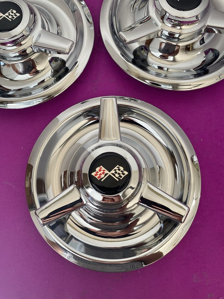 (4) 3 BAR SPINNERS CENTER CAPS FOR CHEVY RALLY WHEELS 7",BLACK FLAGS ...