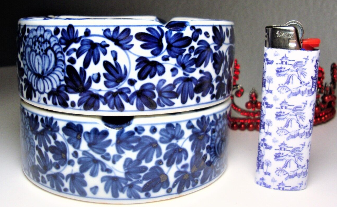 Handpainted Blue/White Floral Ashtrays (2) & Working New Blue Willow ...