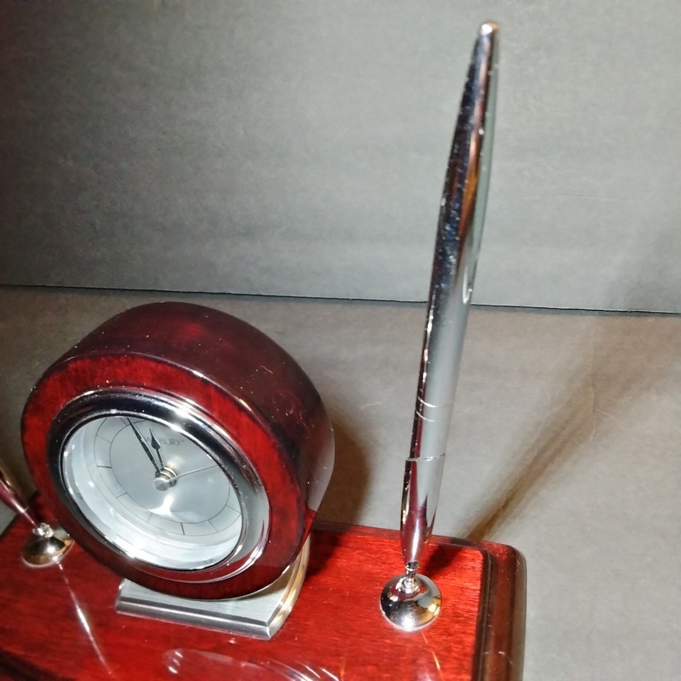 Danbury Elegant simulated Wood Table Desk Clock Pen Holder w/2 pens | eBay