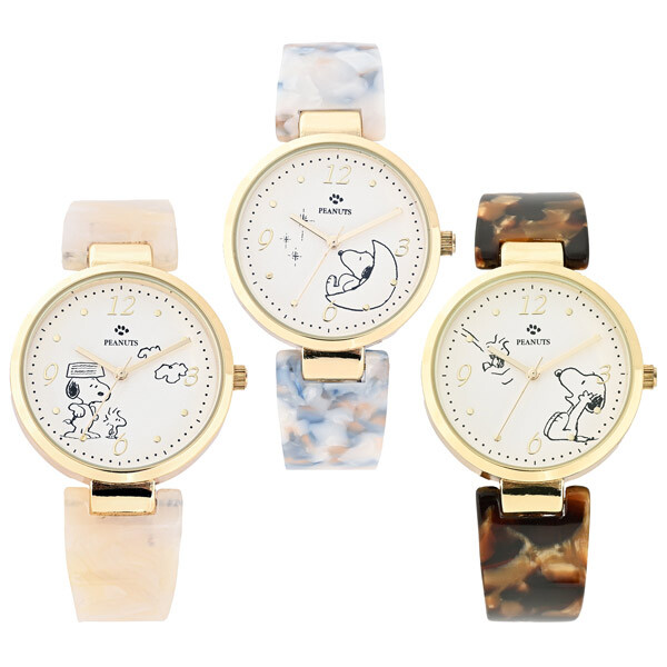 PEANUTS Snoopy Acrylic Bangle Watch Wristwatch White/ Blue/ Brown Japan ...