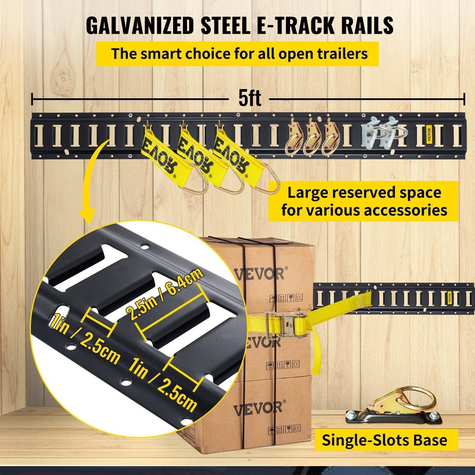 5FT E Track Rail Kit 18PCS w/4 Rails 6 O-Rings 2 Ratchet Straps 1000LB ...