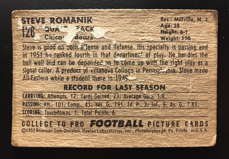 🏉 1952 Bowman Small Football # 126 Steve Romanik RC 🏈 Chicago Bears 🐻 ...