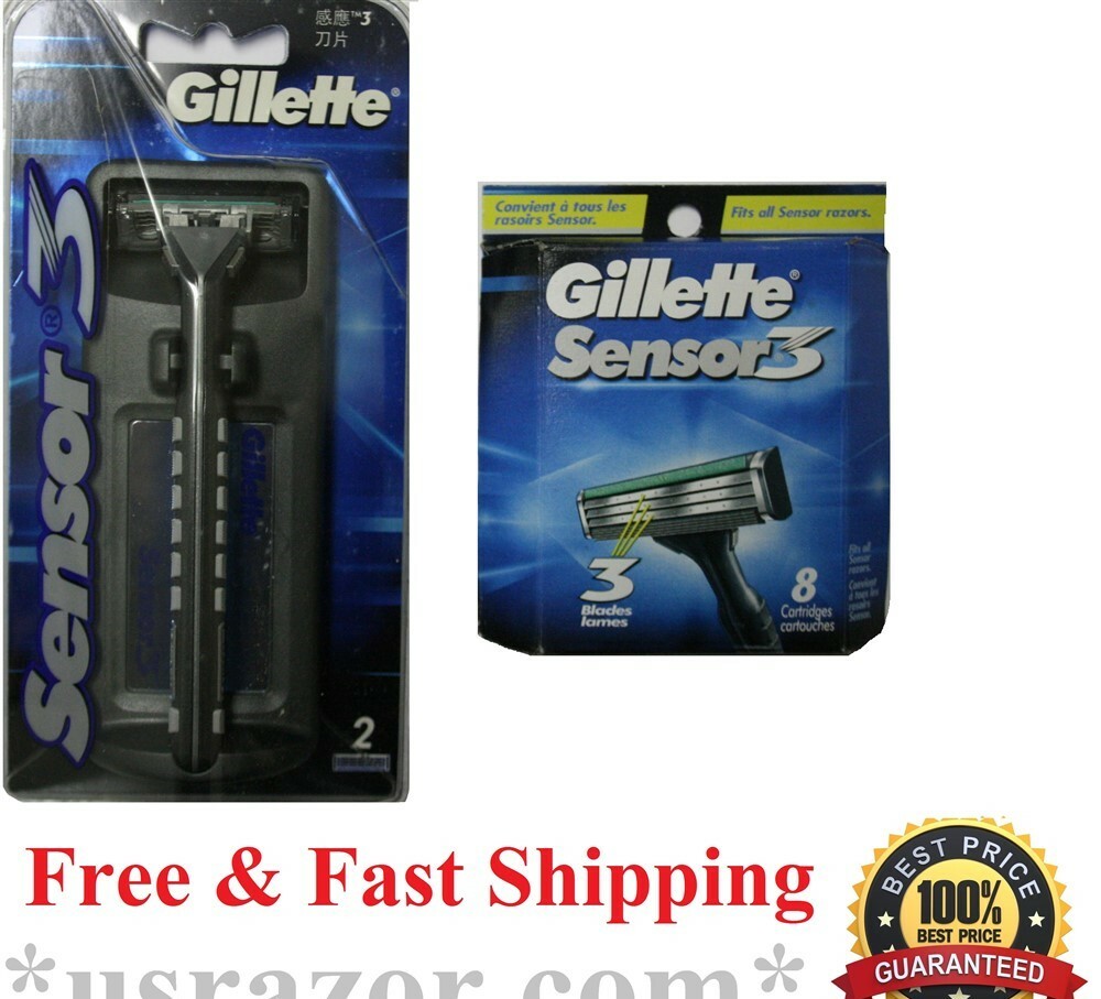 9 Gillette Sensor 3 Metal Razor Handle 2 Cartridges Fit Excel Refills ...