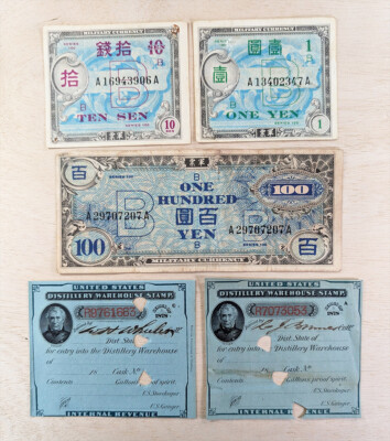 (3) Japan WWII banknote 100 yen 1 yen 10 sen + (2) US 1878 Revenue ...