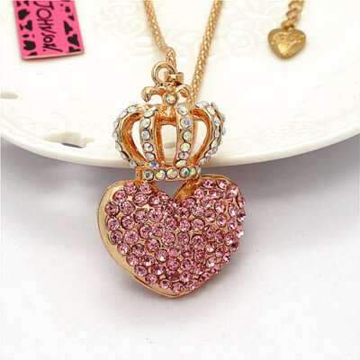 Hot Fashion Pink Crystal AB Crown Love Heart Pendant Lady Chain Women ...