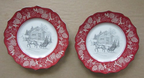 222 FIFTH Andover 2 Salad Plates 8 1/2” Fine China Winter Holiday Sled ...