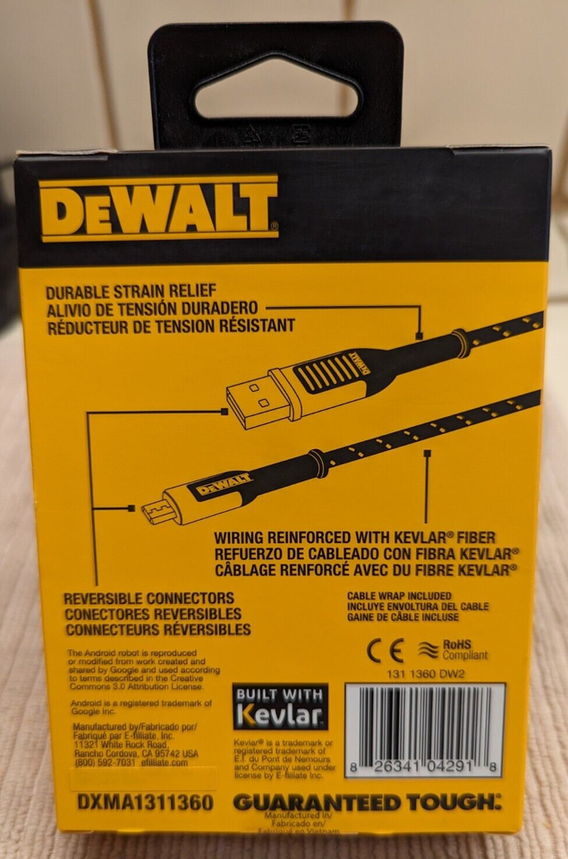 DeWALT Reversible Micro USB to USB-A Kevlar Reinforced Durable Braided ...