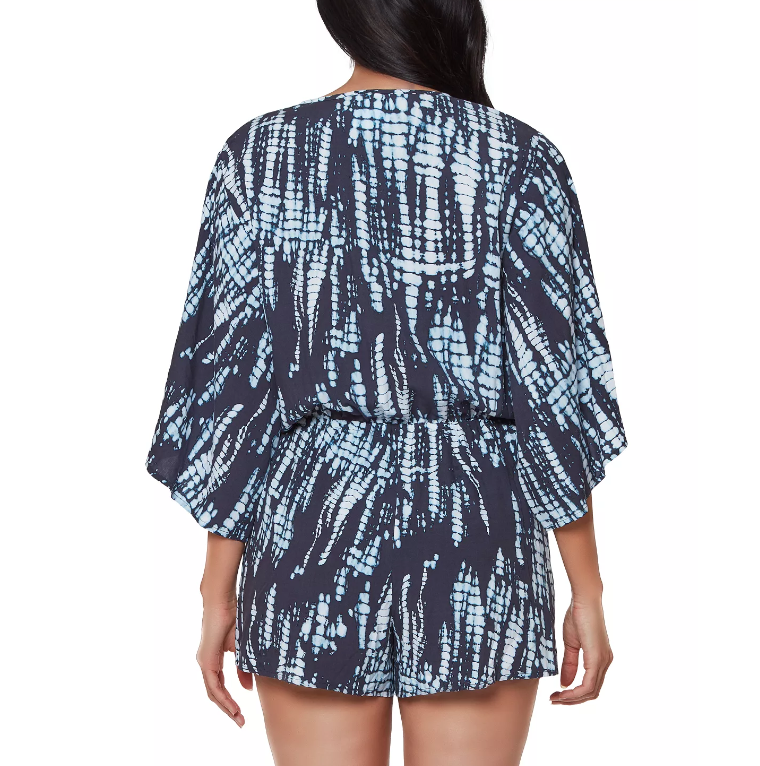 1931 Bar III Women's Tie-Dyed Romper Swim Cover-Up V -Neck BLUE sz S ...