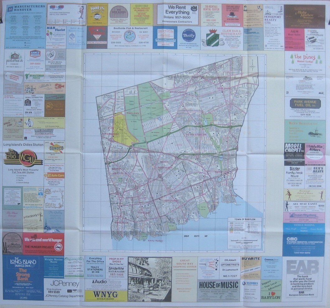 1982 Road Map BABYLON Amityville Copiague Pinelawn Long Island Railroad ...