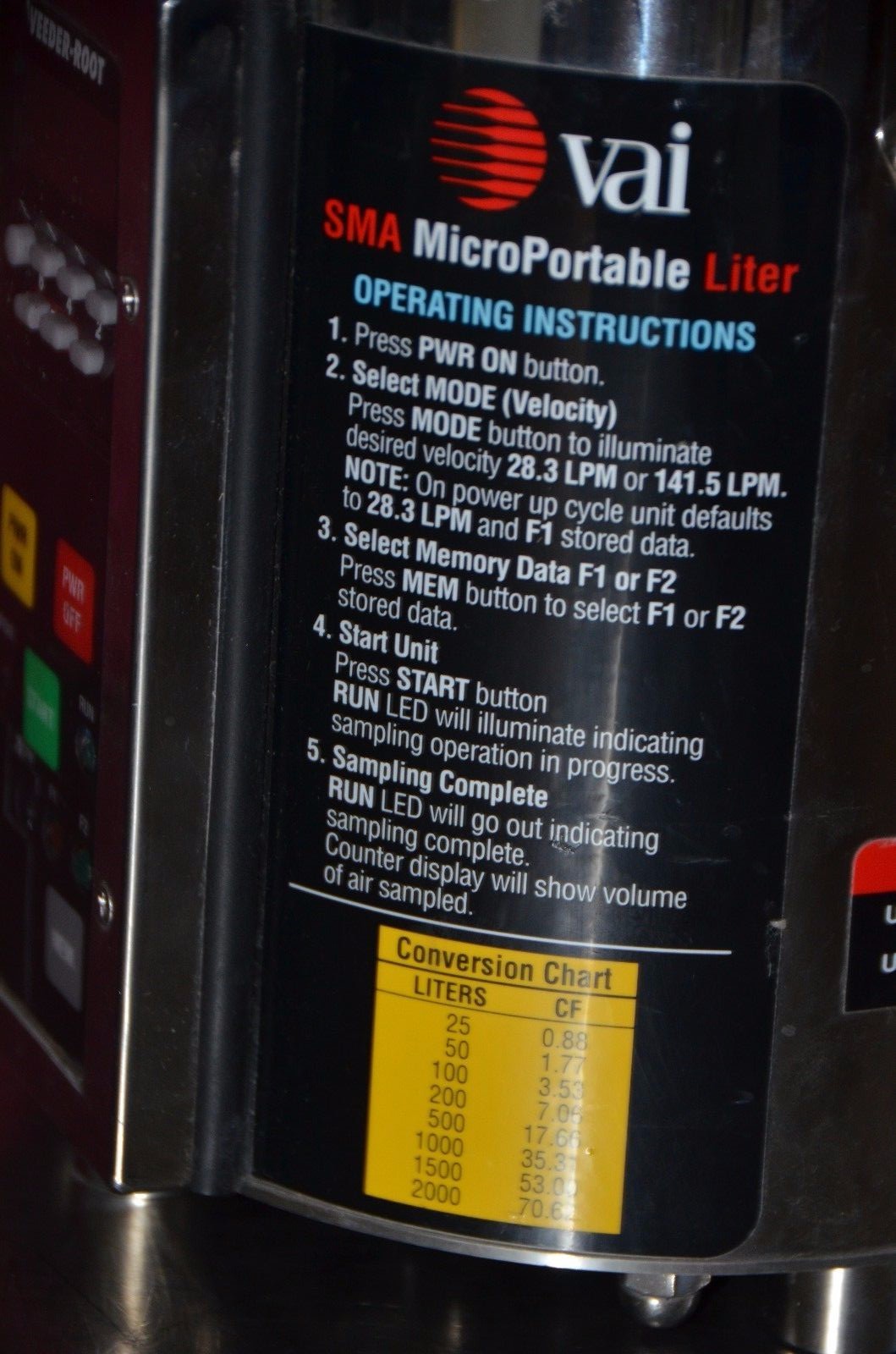 VAI Veltek SMA MicroPortable Air Sampler SMA-P201-02-2CFM w/o Battery ...