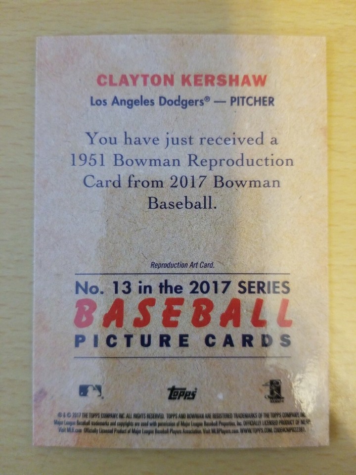 2017 BOWMAN BASEBALL 1951 REPRODUCTION #13 CLAYTON KERSHAW CHROME ...