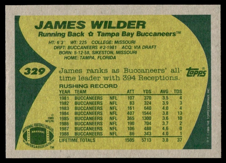 1989 Topps James Wilder Tampa Bay Buccaneers #329 | eBay