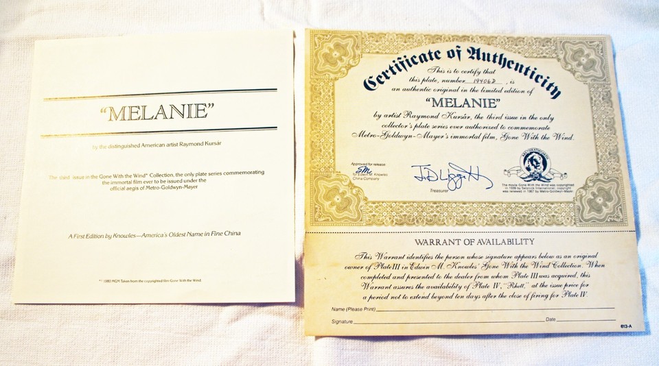 1980 Gone With the Wind Collector Plate ~ Melanie ~ Knowles China w/COA | eBay