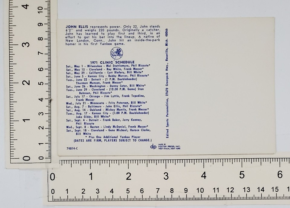 1971 John Ellis New York NY Yankees MLB Baseball Player Postcard ...
