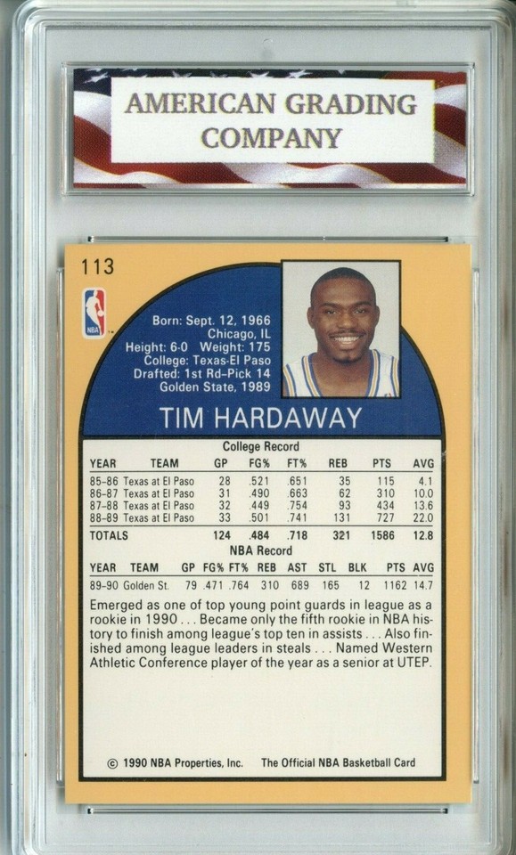 1990 Hoops #113 Tim Hardaway Rookie Card AGC 10 Gem Mint Golden State ...