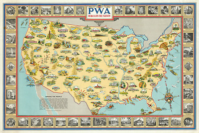 PWA Projects Map US Public Works Administration Wall Art Poster Vintage ...