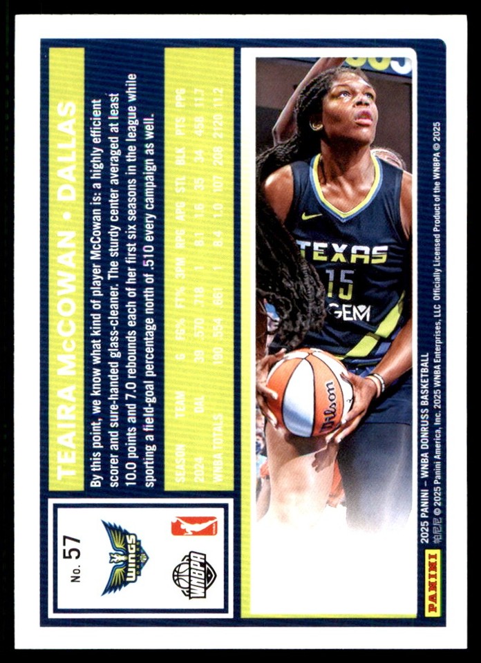 Teaira McCowan 2025 Donruss WNBA #57 Dallas Wings NBA READ FREE ...