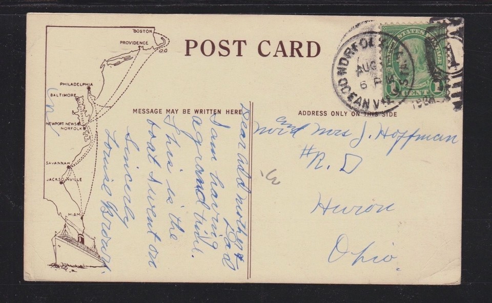 USA 1928 SS FAIRFAX SHIP POSTCARD MAP ILLUSTRATION TO HURON OHIO ...