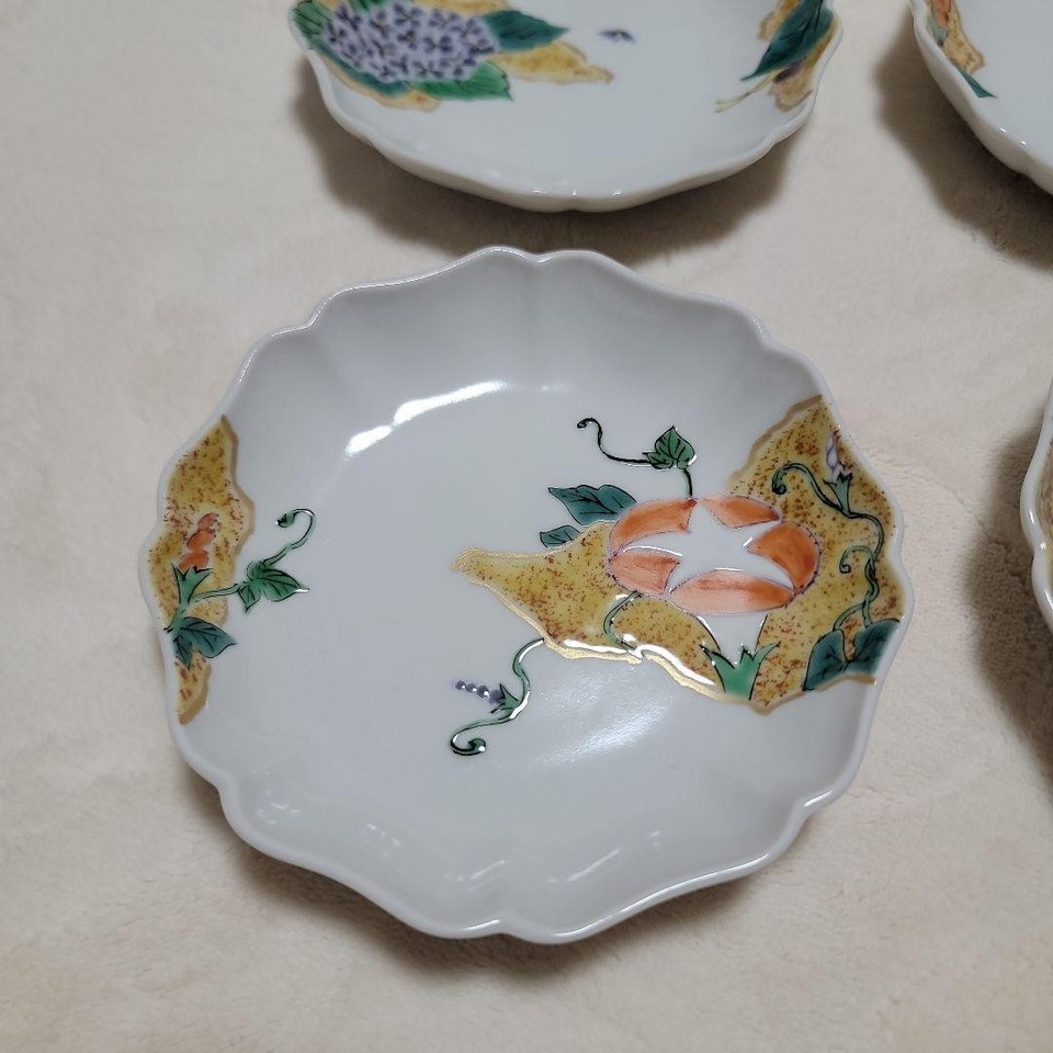 Y0127 used Kutani ware Akira Miyamoto four seasonflowers set of 4 ...