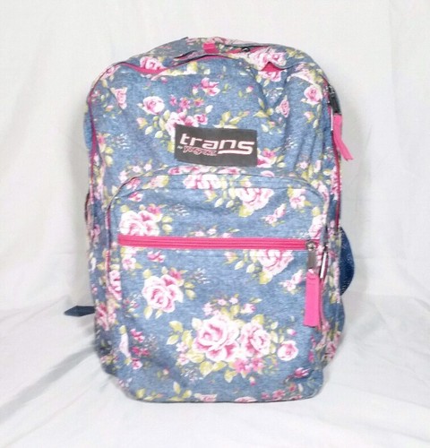 Trans By Jansport Backpack Floral Roses Blue Denim Pink Mulitipocket ...
