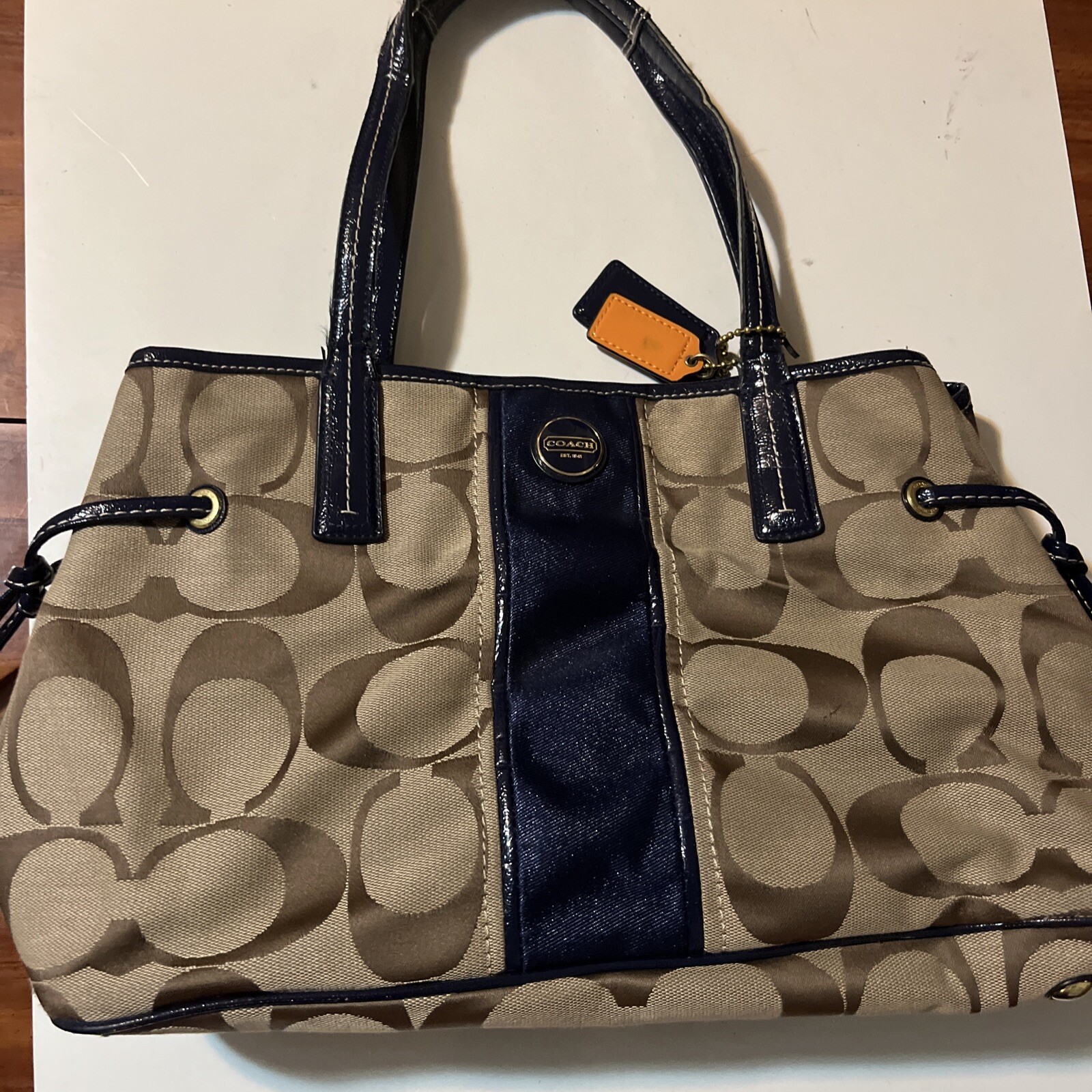 COACH Signature Stripe Carryall Brass Khaki/Mahogany,… - Gem