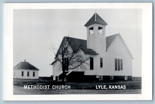 Lyle Kansas KS Postcard RPPC Photo Methodist Church Dirt Road c1950's ...