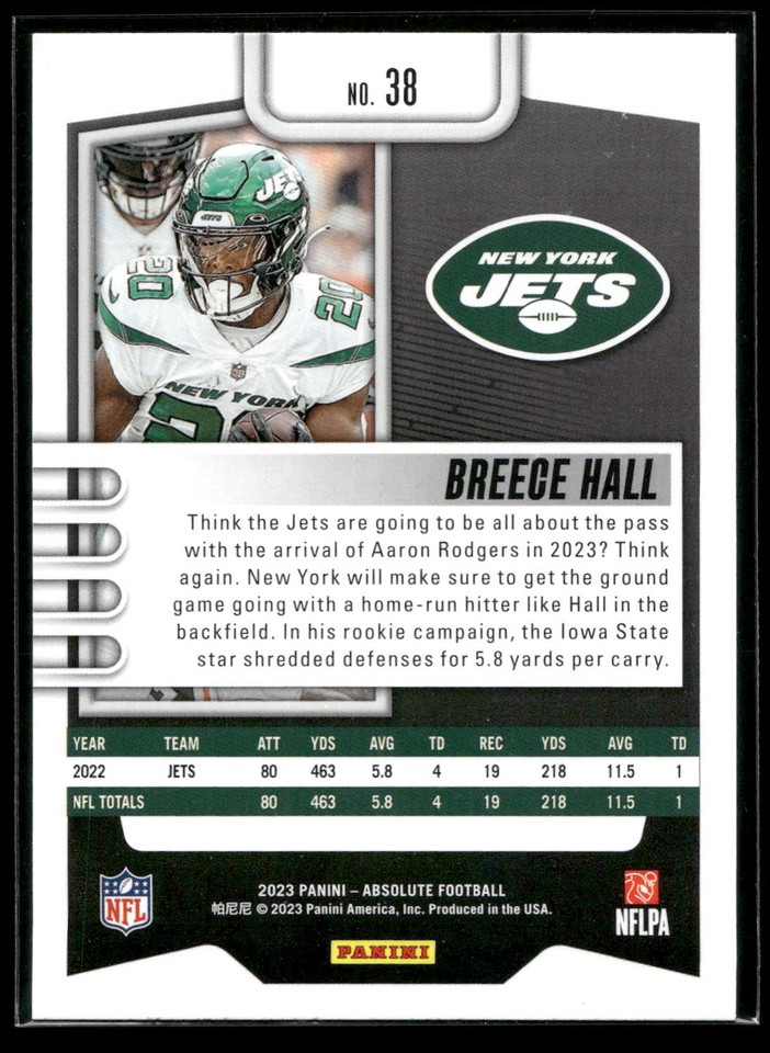 2023 Panini Absolute Breece Hall BASE CARD New York Jets #38 🔥 | eBay
