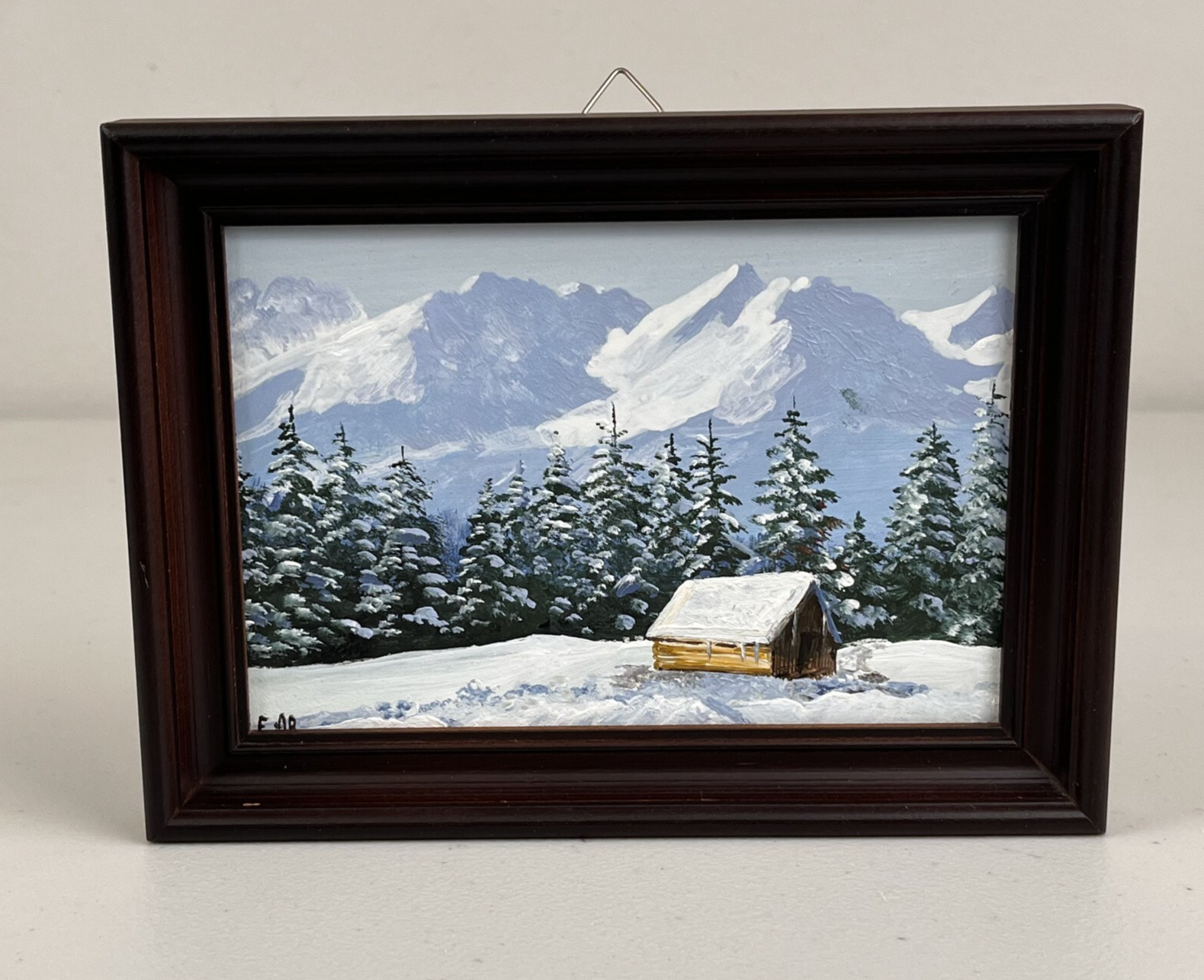 Vintage Original Painting Winter Cabin in Mountains 7x5 Signed E AR And ...