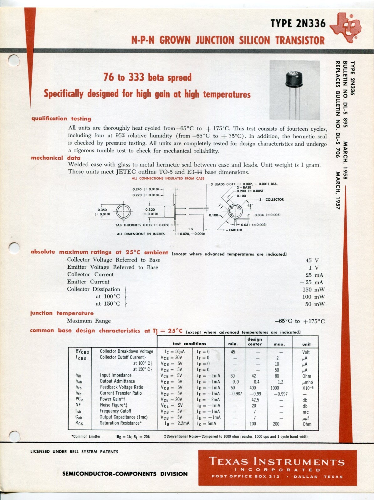 1958 Vintage TEXAS INSTRUMENTS Transistor Spec Sheet: TYPE 2N336 | eBay