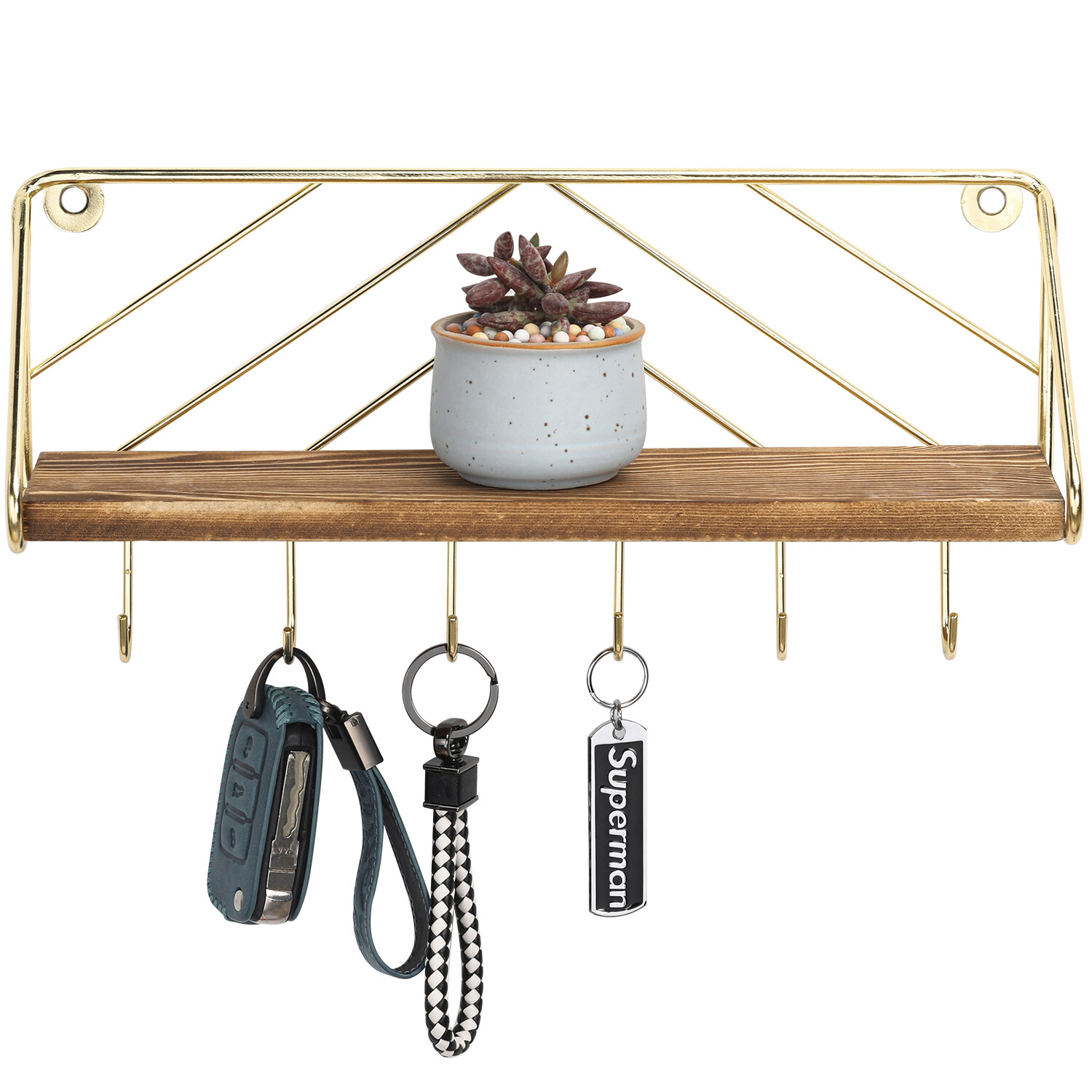 Modern Brass Metal & Burnt Wood Key Holder Rack w/ Hook & Floating ...