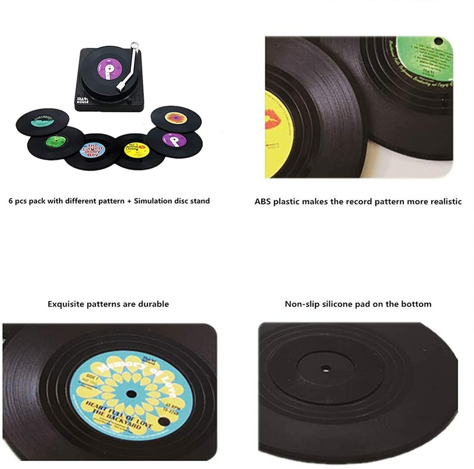 6 Pack Cup Pad Vinyl Coasters Retro Disk Coaster with Holder For Table ...